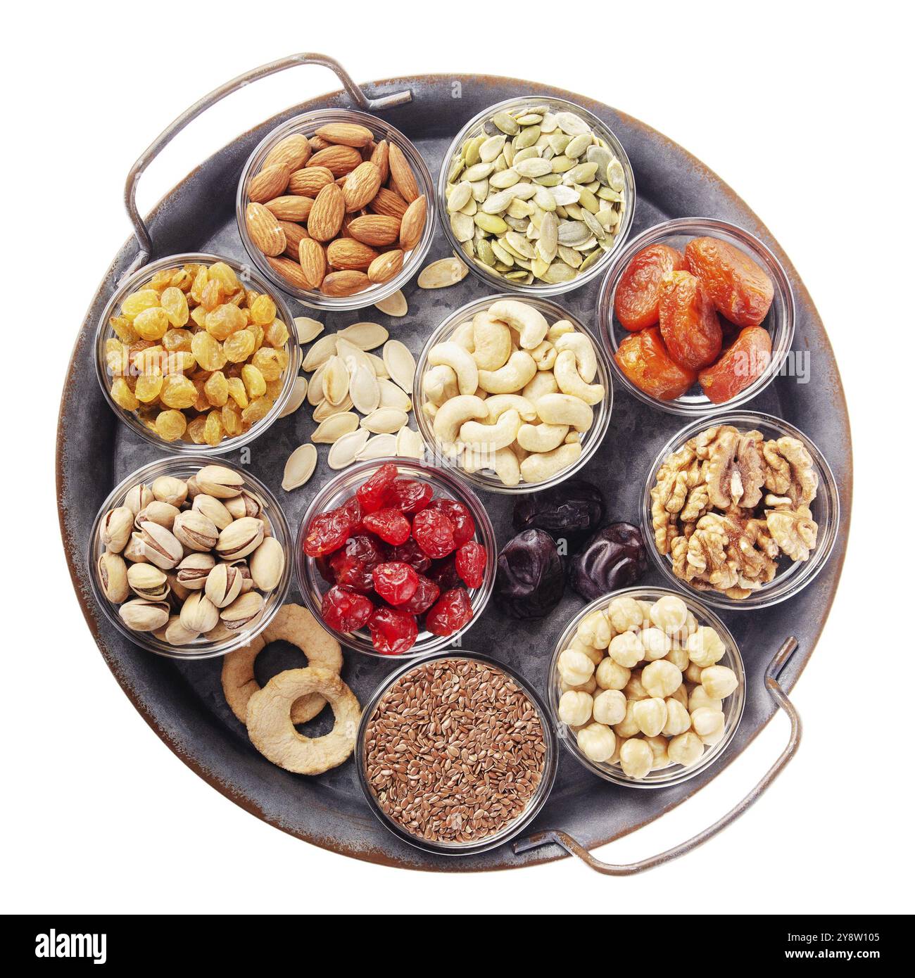 Flat lay at metal tray with healthy ant tasty non-perishables isolated ...