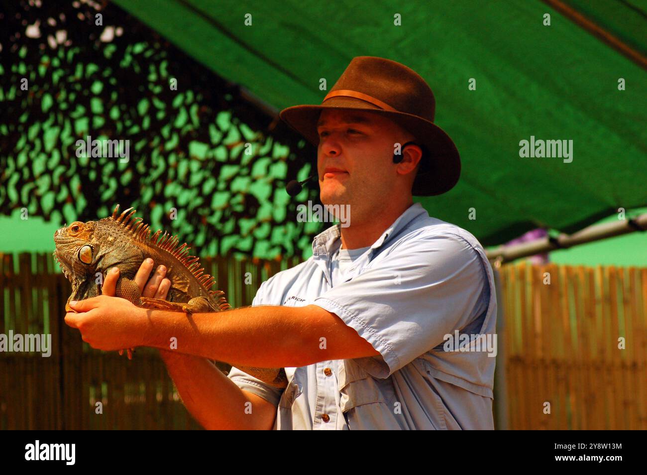 A trainer holds a large lizard and demonstrates the scales and claws of ...