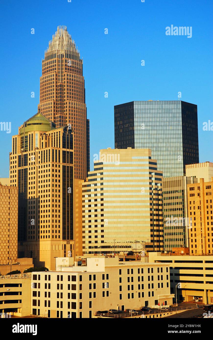 The skyline of Charlotte, North Carolina is dominated by the tall Bank ...