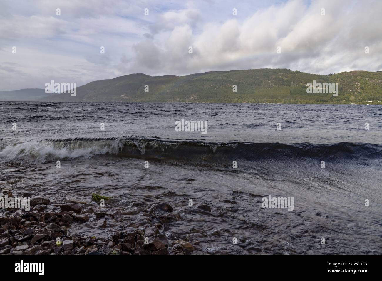 Shore with waves, windy weather, Loch Ness, Whitefield, Highlands ...