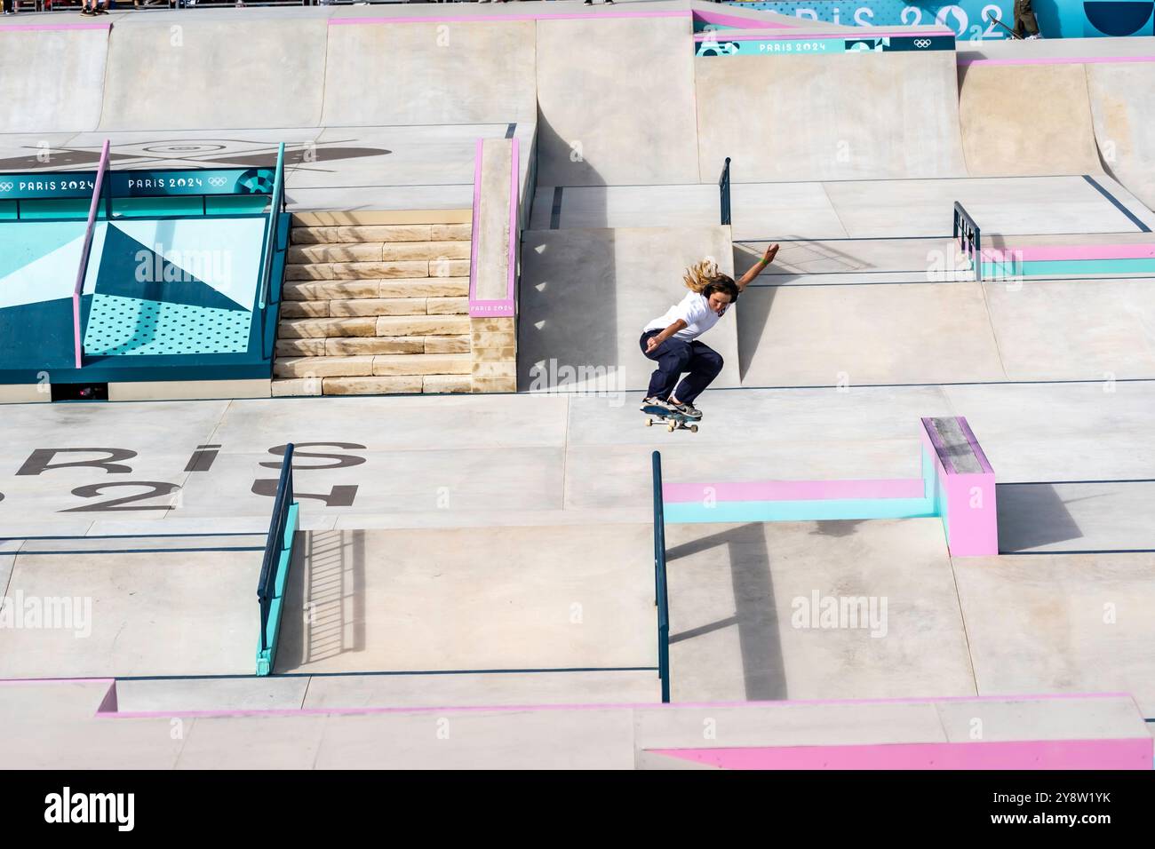 Poe Pinson (USA) competes in the Skateboarding Street W Finals 2024 ...