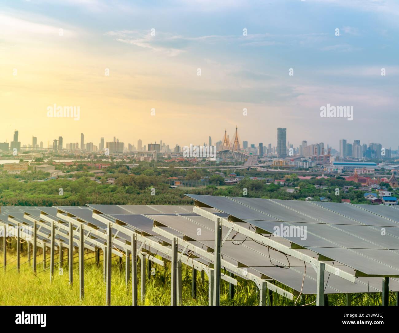 Sustainable city with green energy and net zero emissions. Solar power ...