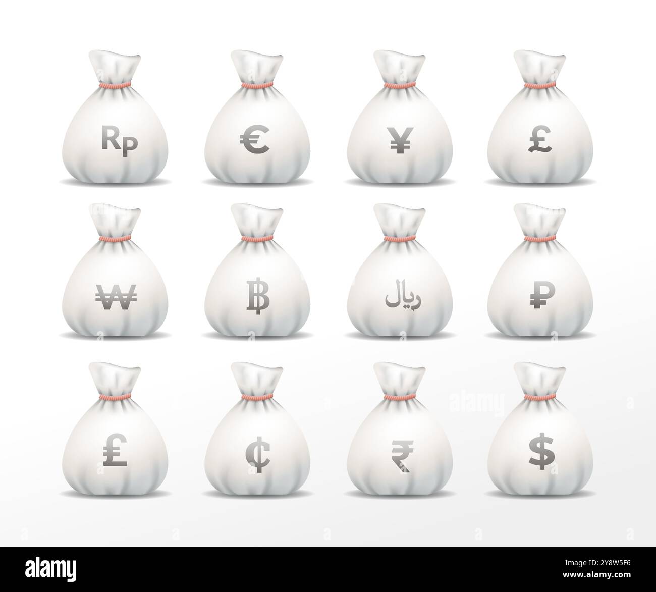 Money Bags with Global Currency Symbols. A collection of white money ...