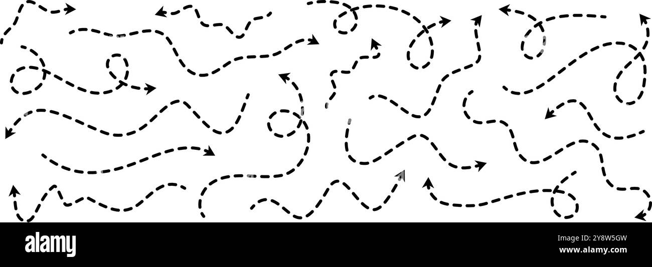 Different dotted thin arrows set. Wavy and curved dashed pointers ...