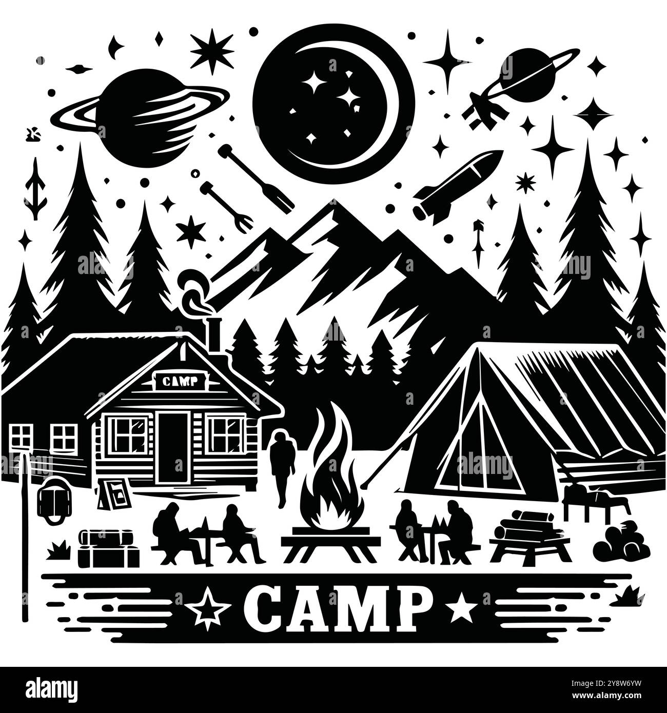Black and white icons representing camping and hiking activities ...