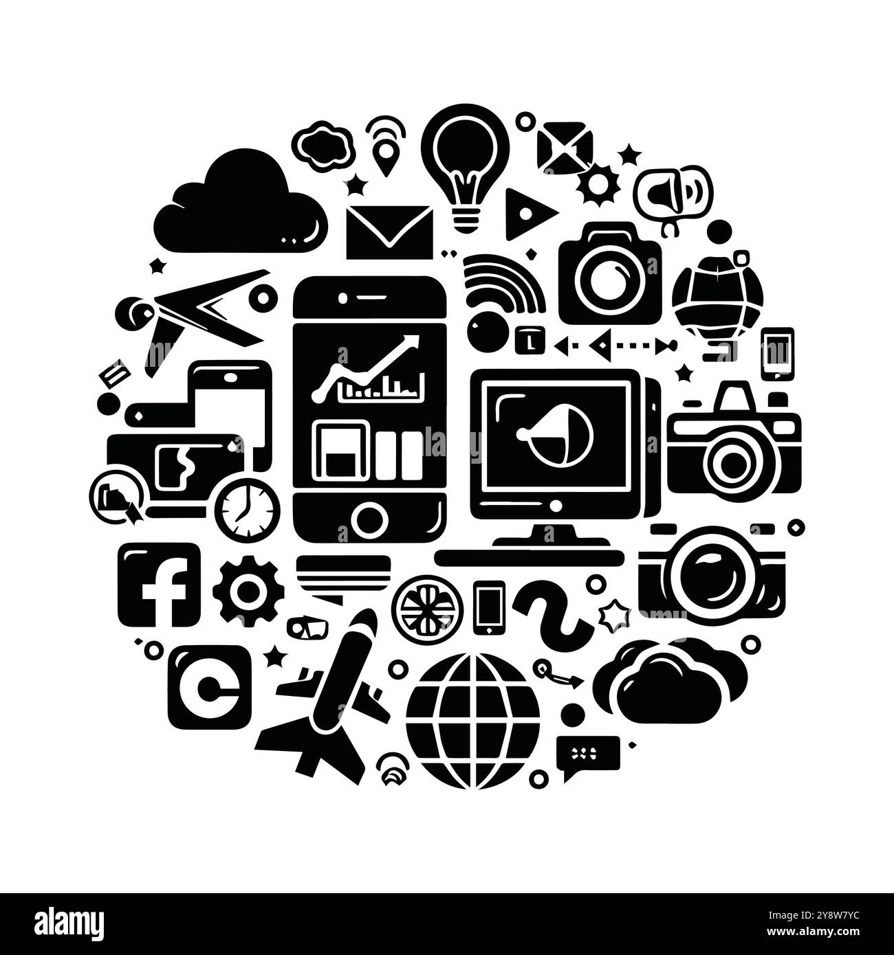 A hand grasping a globe, encircled by diverse icons representing global themes and connectivity ...