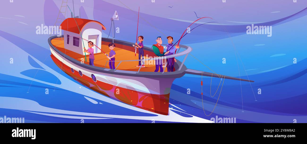 People fishing on board of yacht. Vector cartoon illustration of happy ...