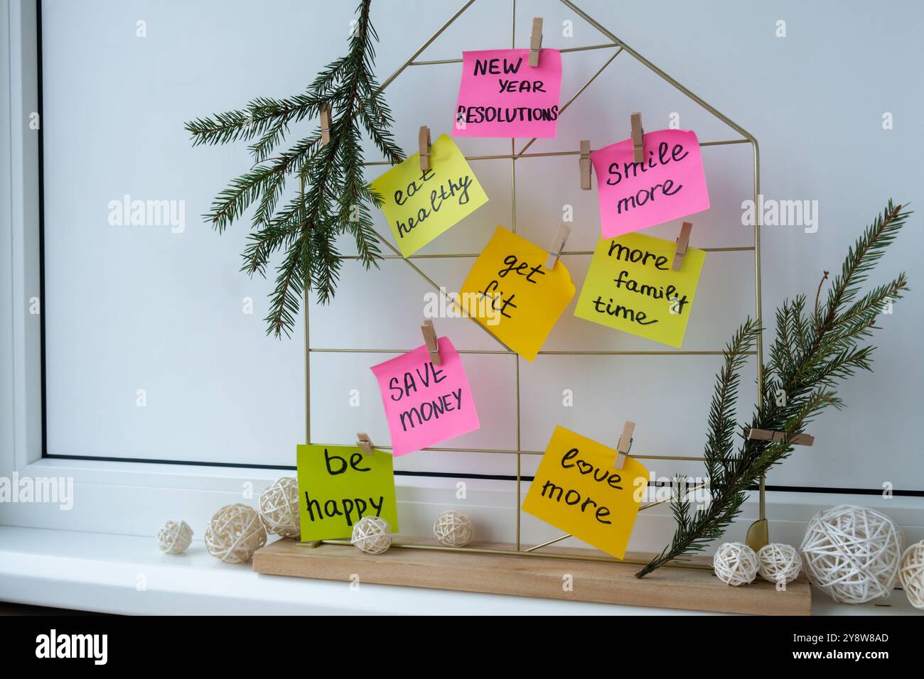 Vision board with new year resolutions aims goals on sticky notes ...