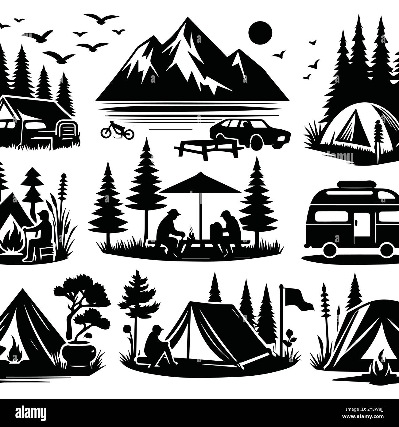 Black and white icons representing camping and hiking activities ...