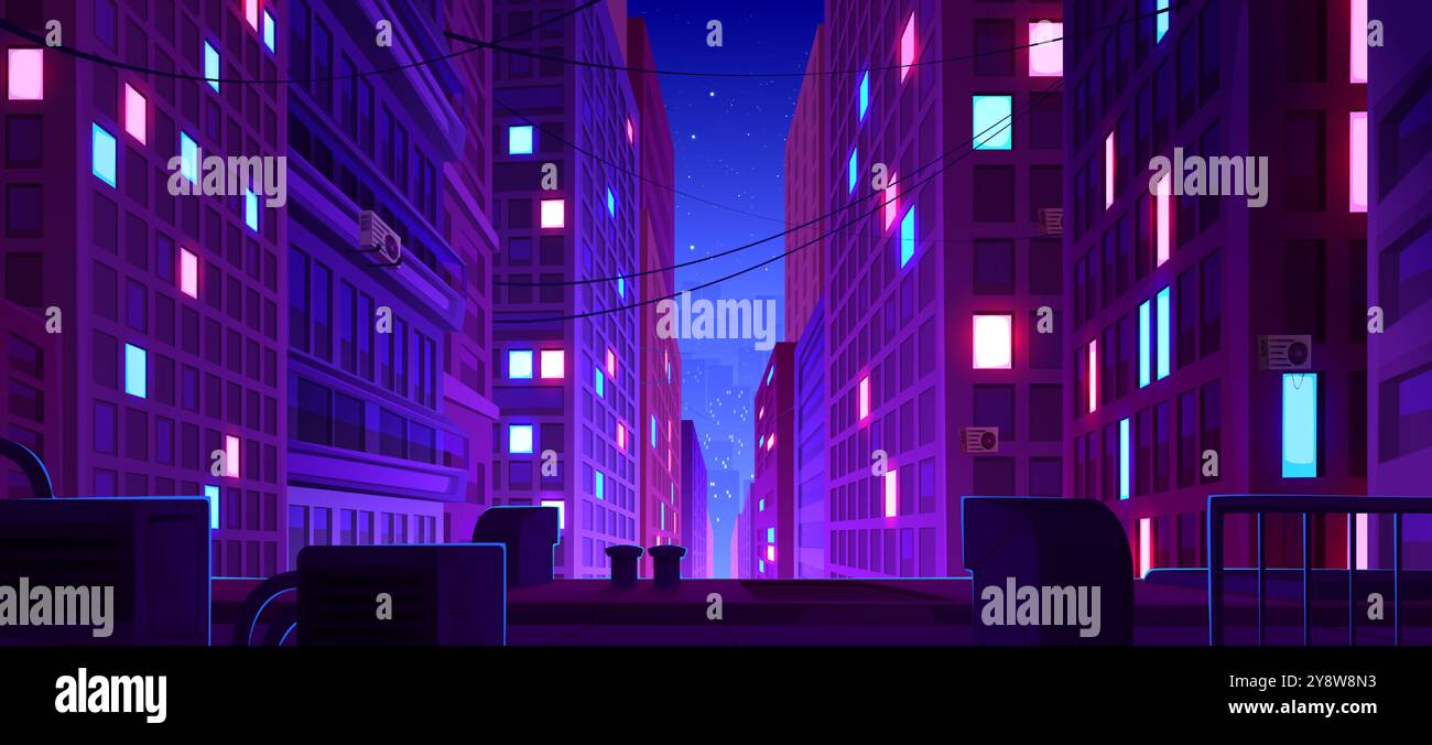 Night downtown street. Neon light city background. Perspective ...