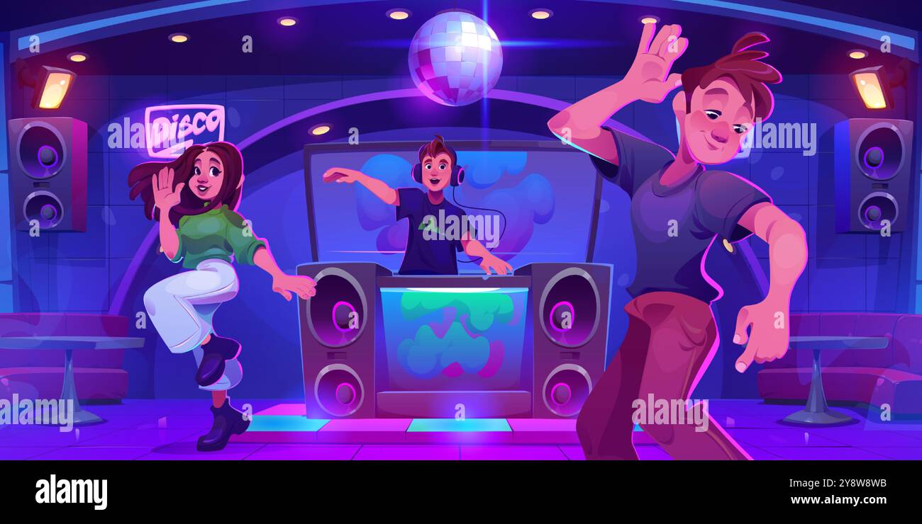 People at night club party. Cartoon vector illustration of young man ...