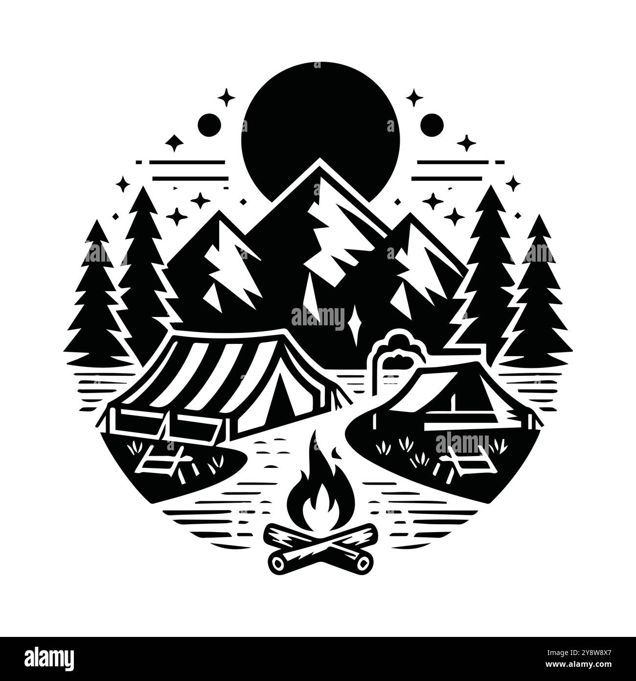 Black and white icons representing camping and hiking activities ...
