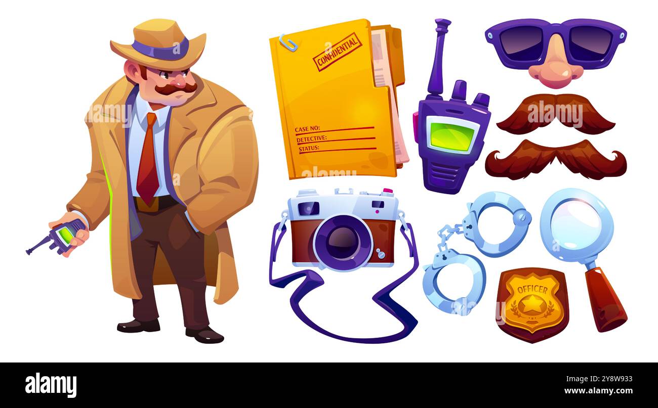 Detective spy in hat. Private inspector equipment icon set. Police ...