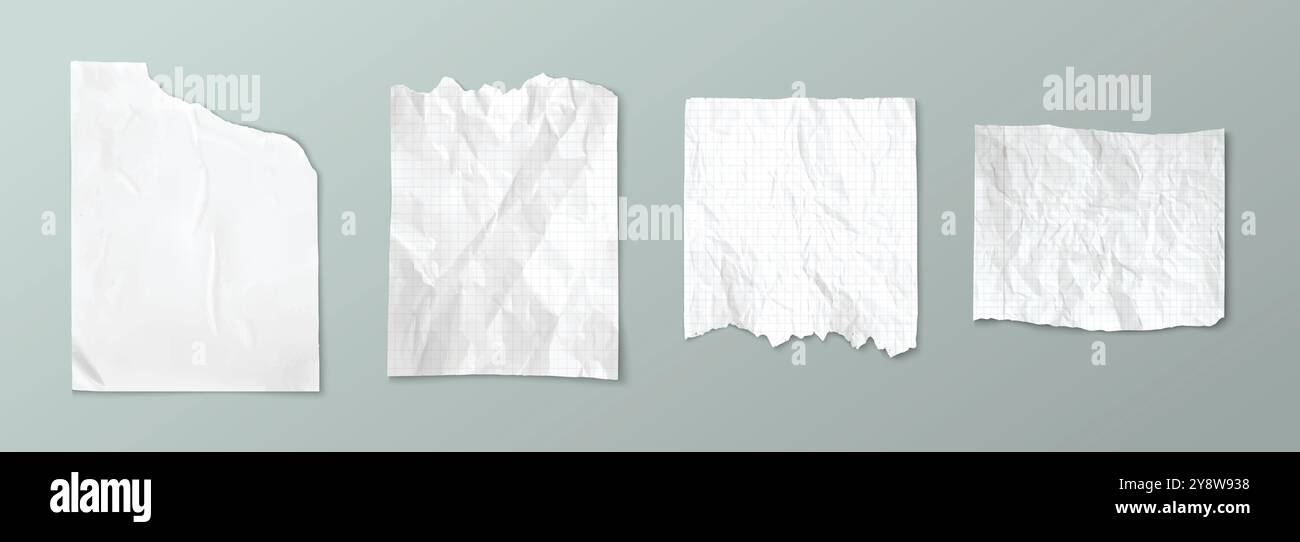 Torn notebook paper with wrinkles. Crumpled white sheet with checkered ...