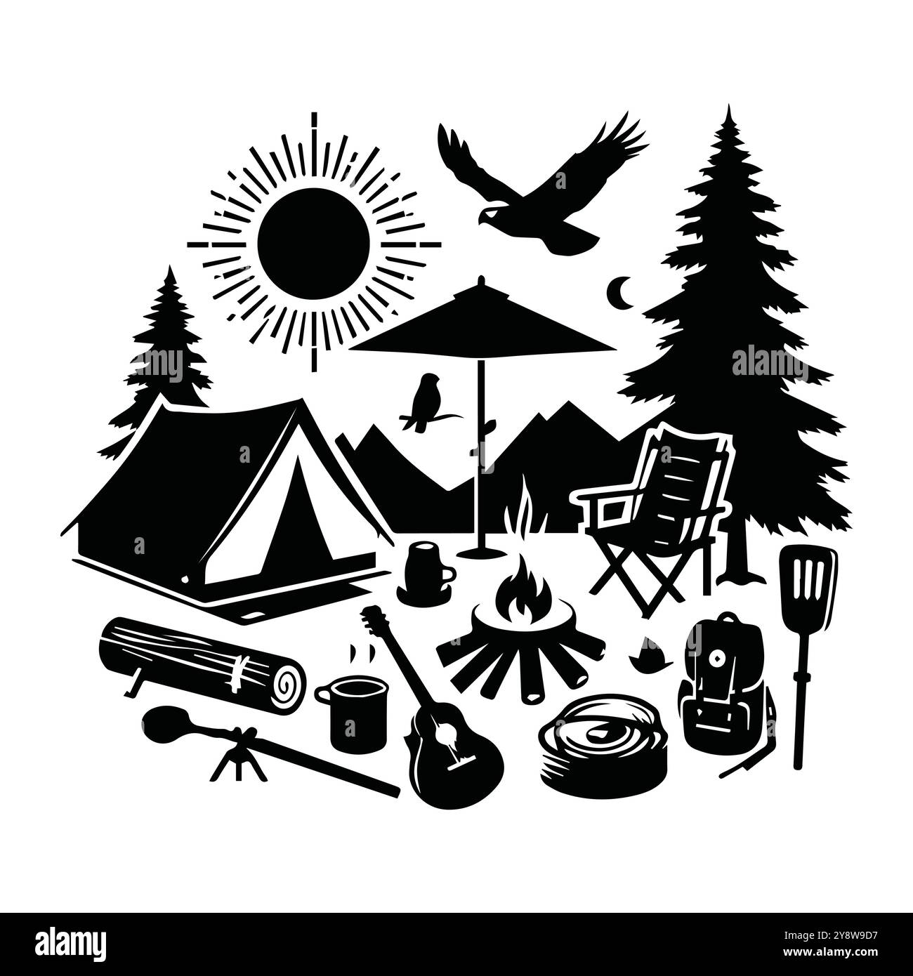 Black and white icons representing camping and hiking activities ...