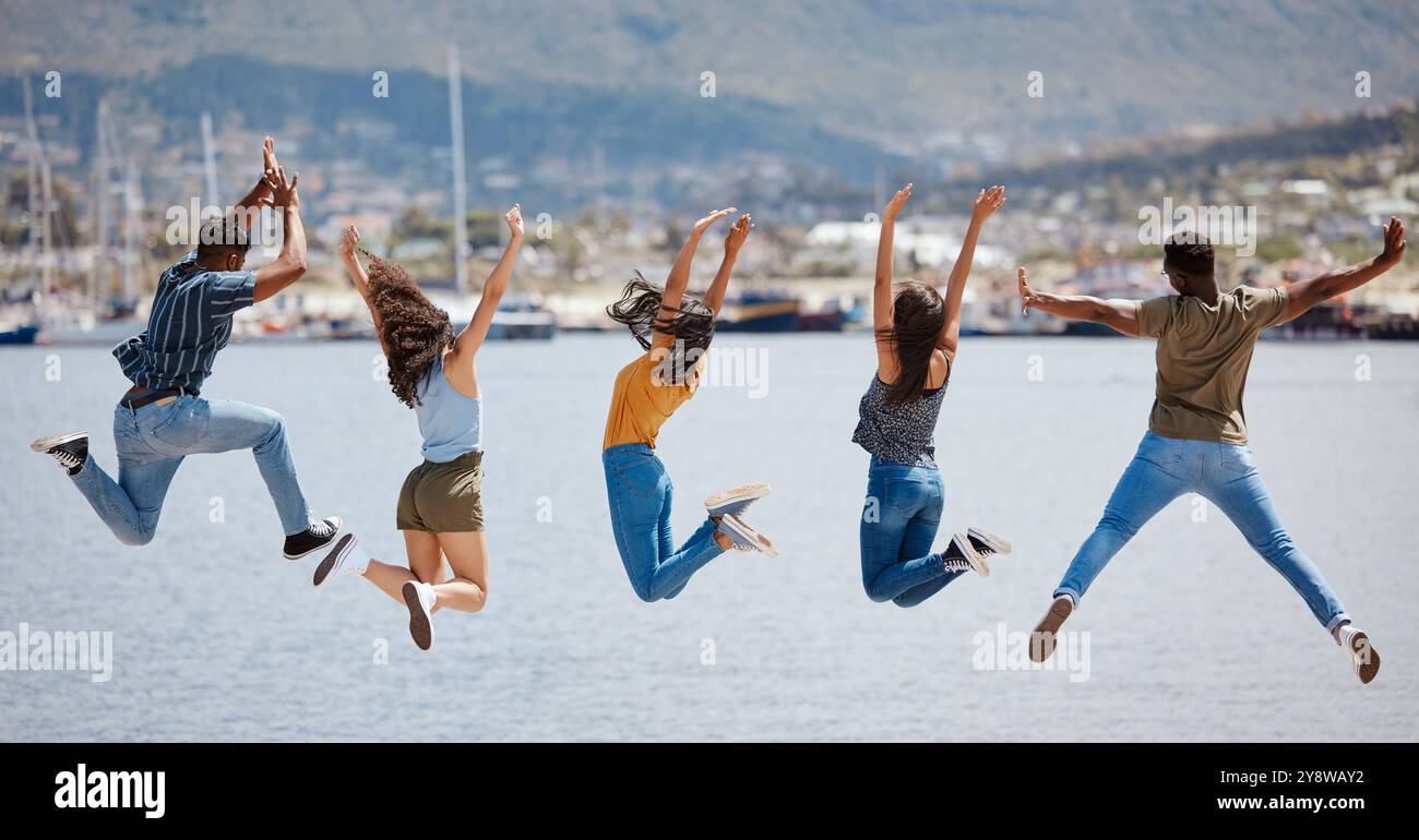 People, jump and outdoor freedom in air, international holiday and ...