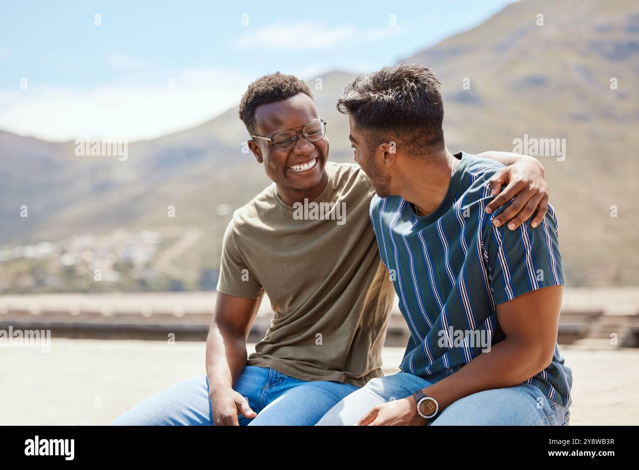 People, laughing and outdoor hug on vacation, reunion and group ...