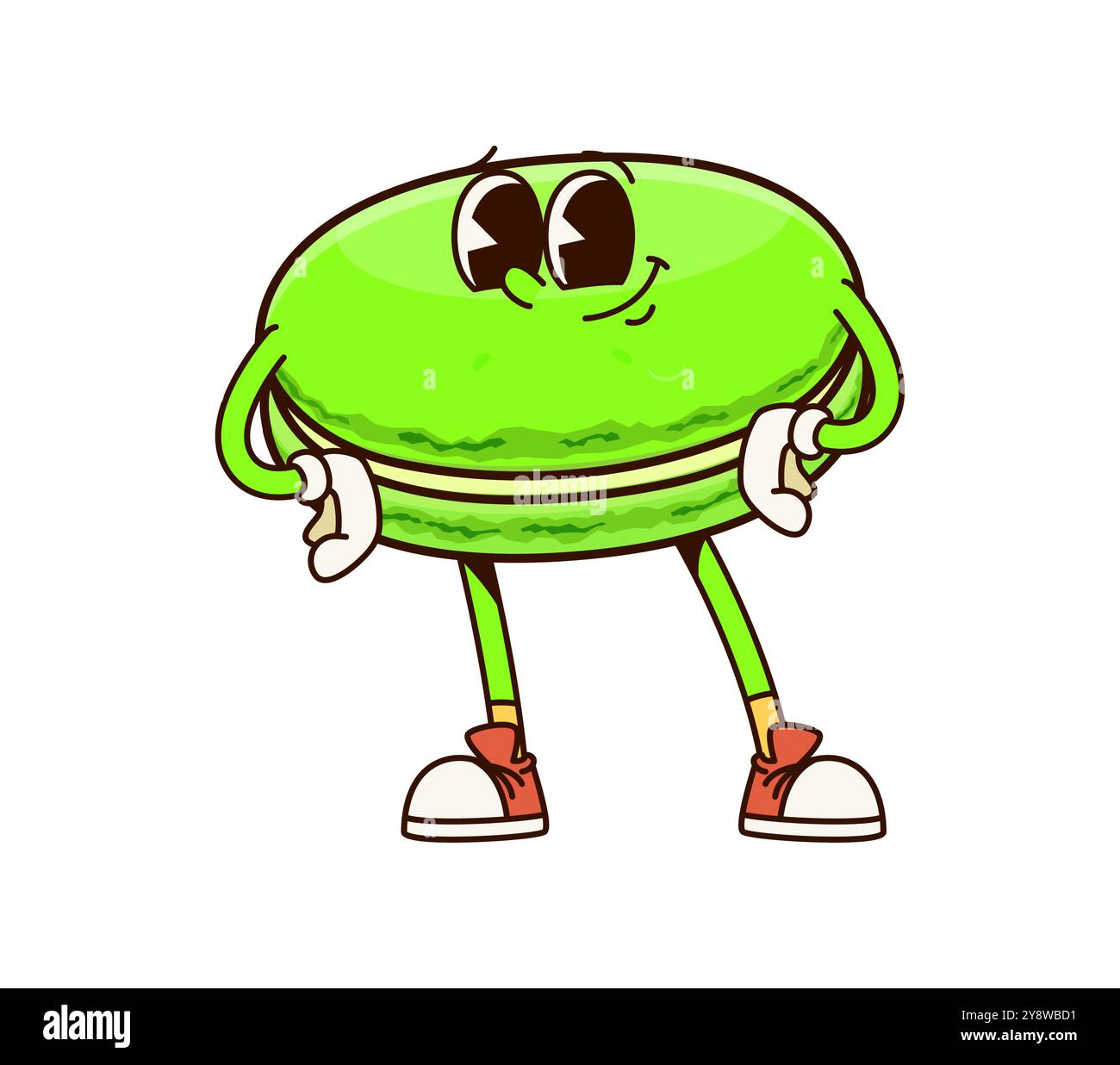 Groovy green macaroon dessert character has a cheeky expression ...