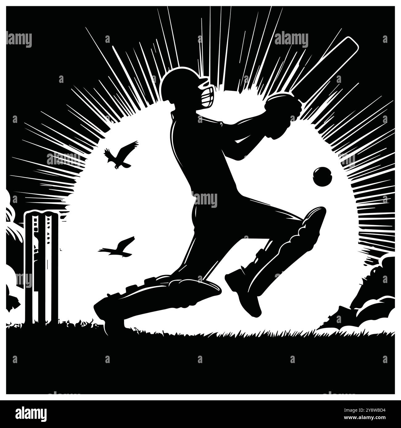 Black and white illustration capturing a cricket player in action ...