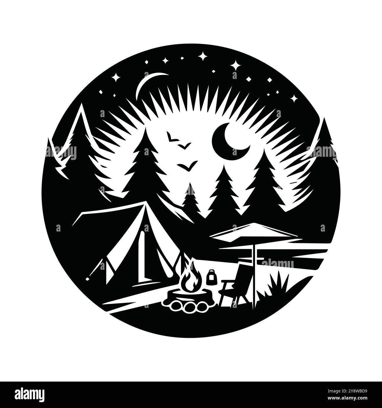 A vibrant camping illustration featuring a camper van alongside a tent ...