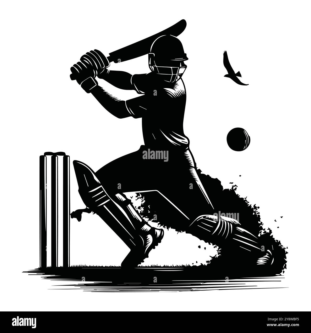 Black and white illustration capturing a cricket player in action ...