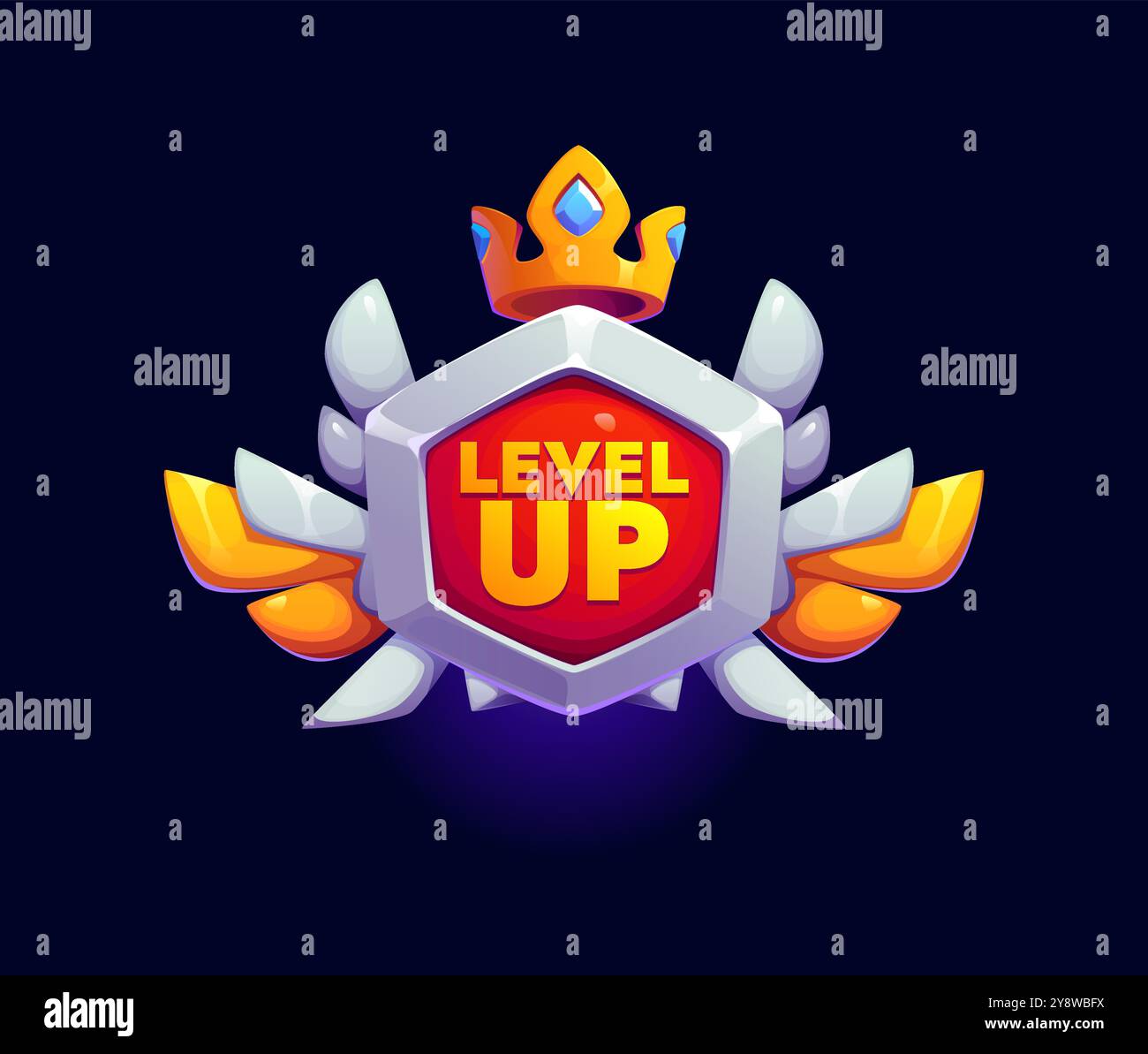 Level up game reward, rate icon features hexagonal shield, adorned with ...