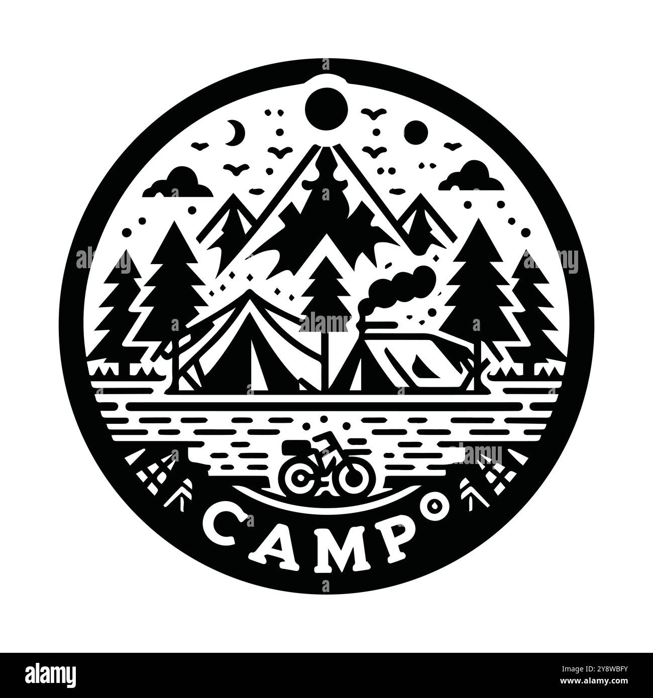 A vibrant camping illustration featuring a camper van alongside a tent ...