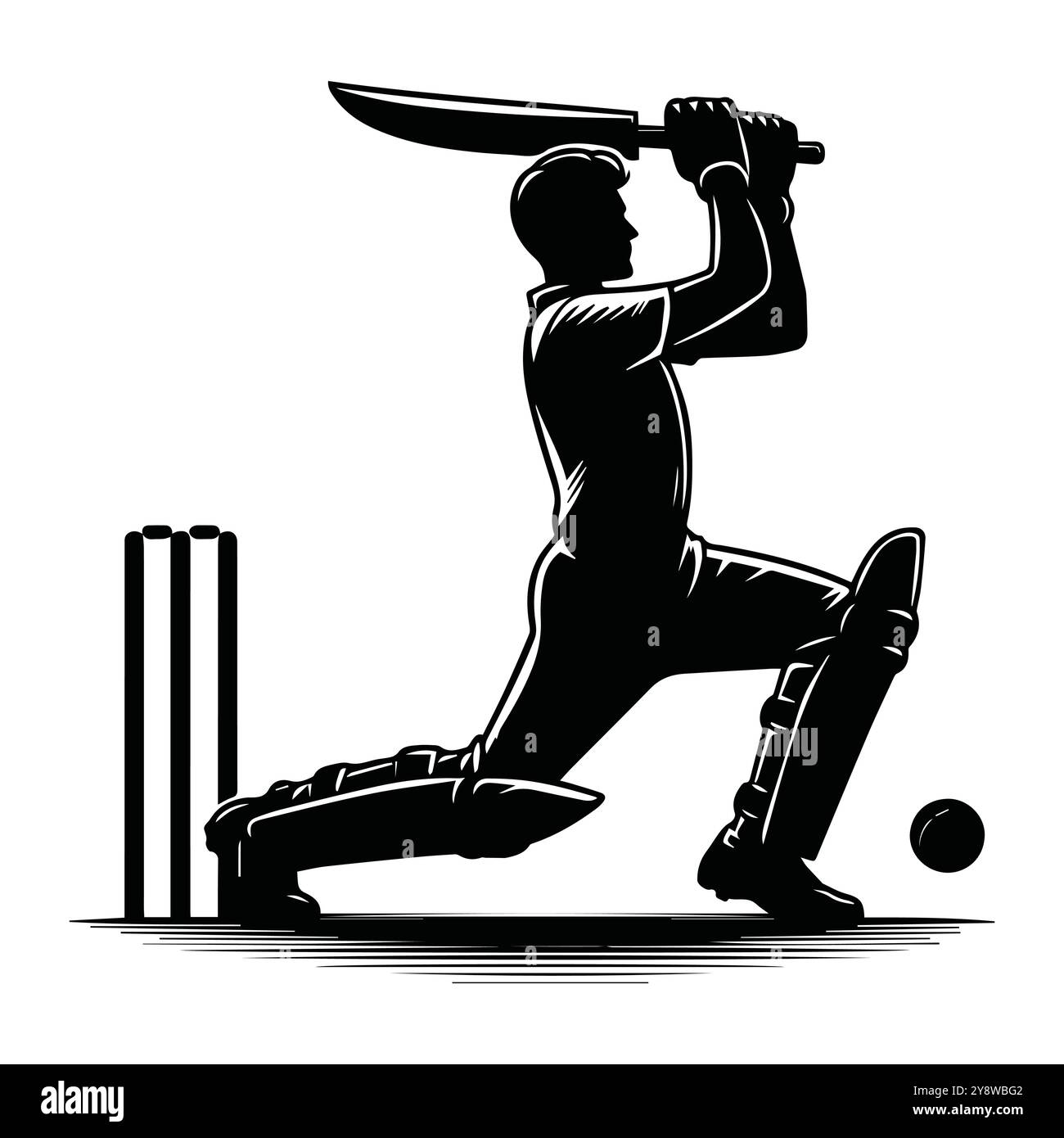 Black and white illustration capturing a cricket player in action ...