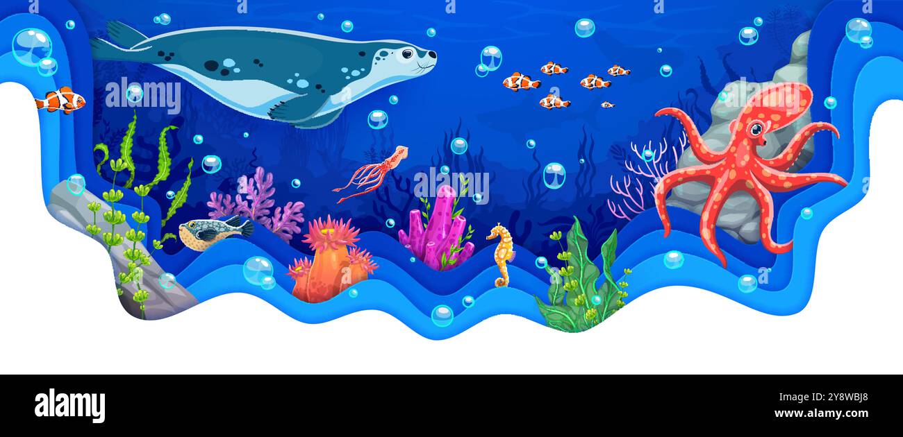 Cartoon paper cut underwater landscape with seal, octopus and seaweeds ...