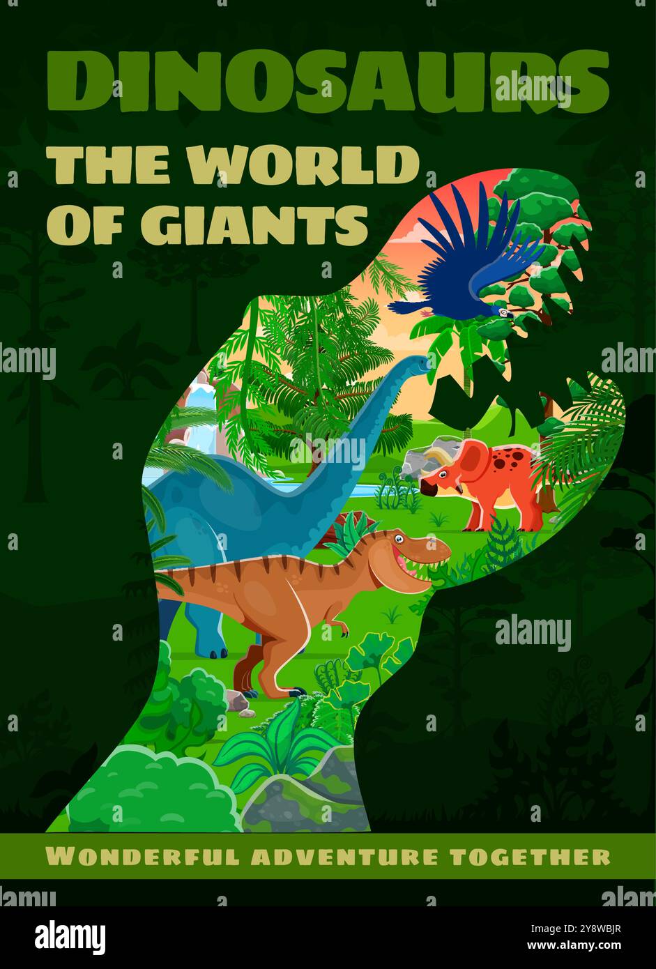 Dino park flyer with dinosaur silhouette and prehistoric lizards of ...