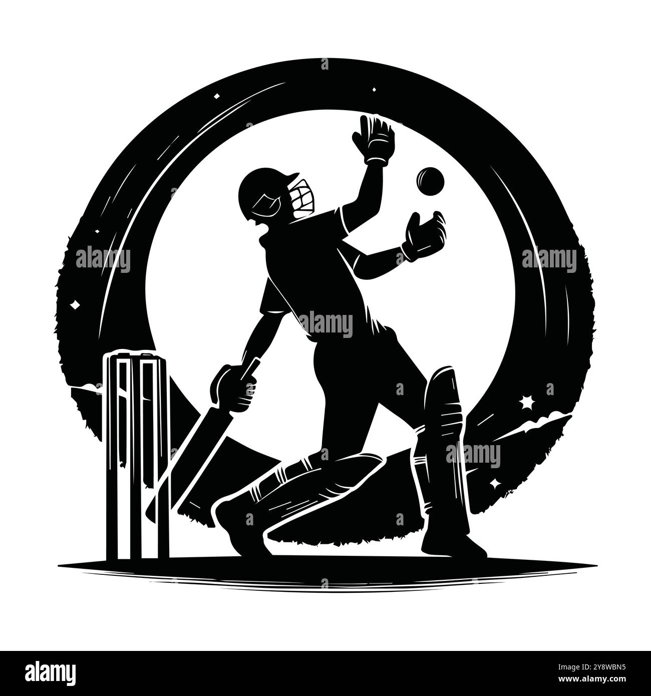 Black and white illustration capturing a cricket player in action ...