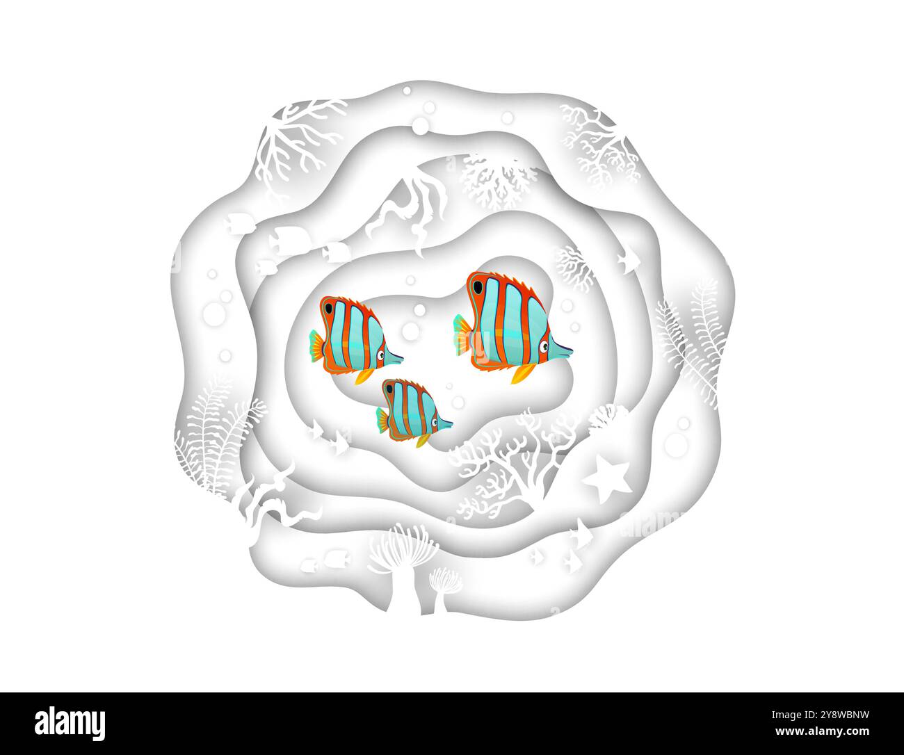 Paper cut banner with fish shoal in underwater setting. 3d vector wavy ...