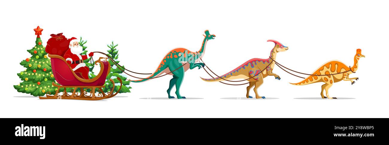 Cartoon Santa in sleigh with funny dinosaurs for Christmas holiday ...