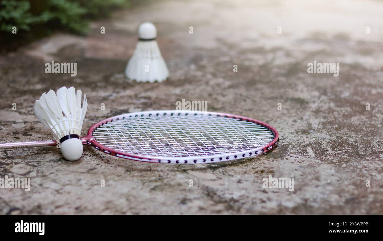 White badminton shuttlecocks and badminton rackets on dark background ...