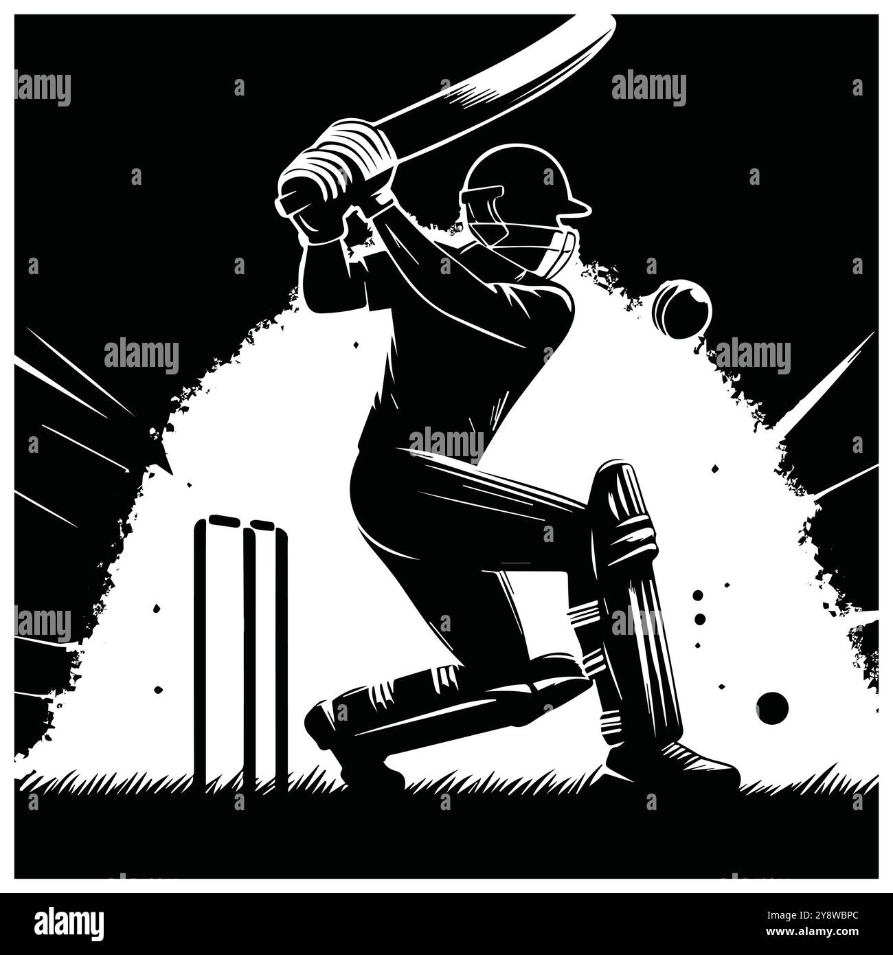 Black and white illustration capturing a cricket player in action ...