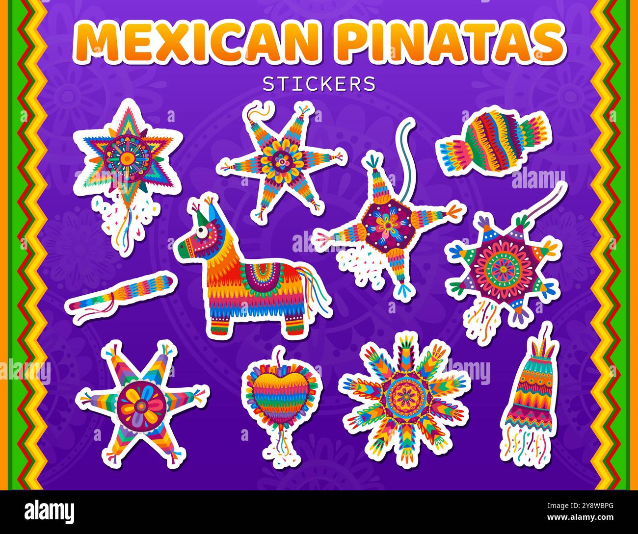 Mexican pinata stickers for holiday fiesta with Latin ornament patterns ...