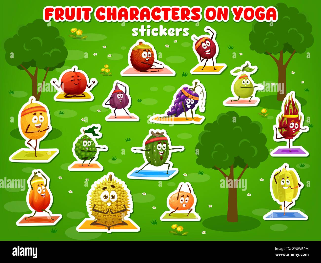 Cartoon fruits character stickers, yoga fitness. Vector fun and healthy ...