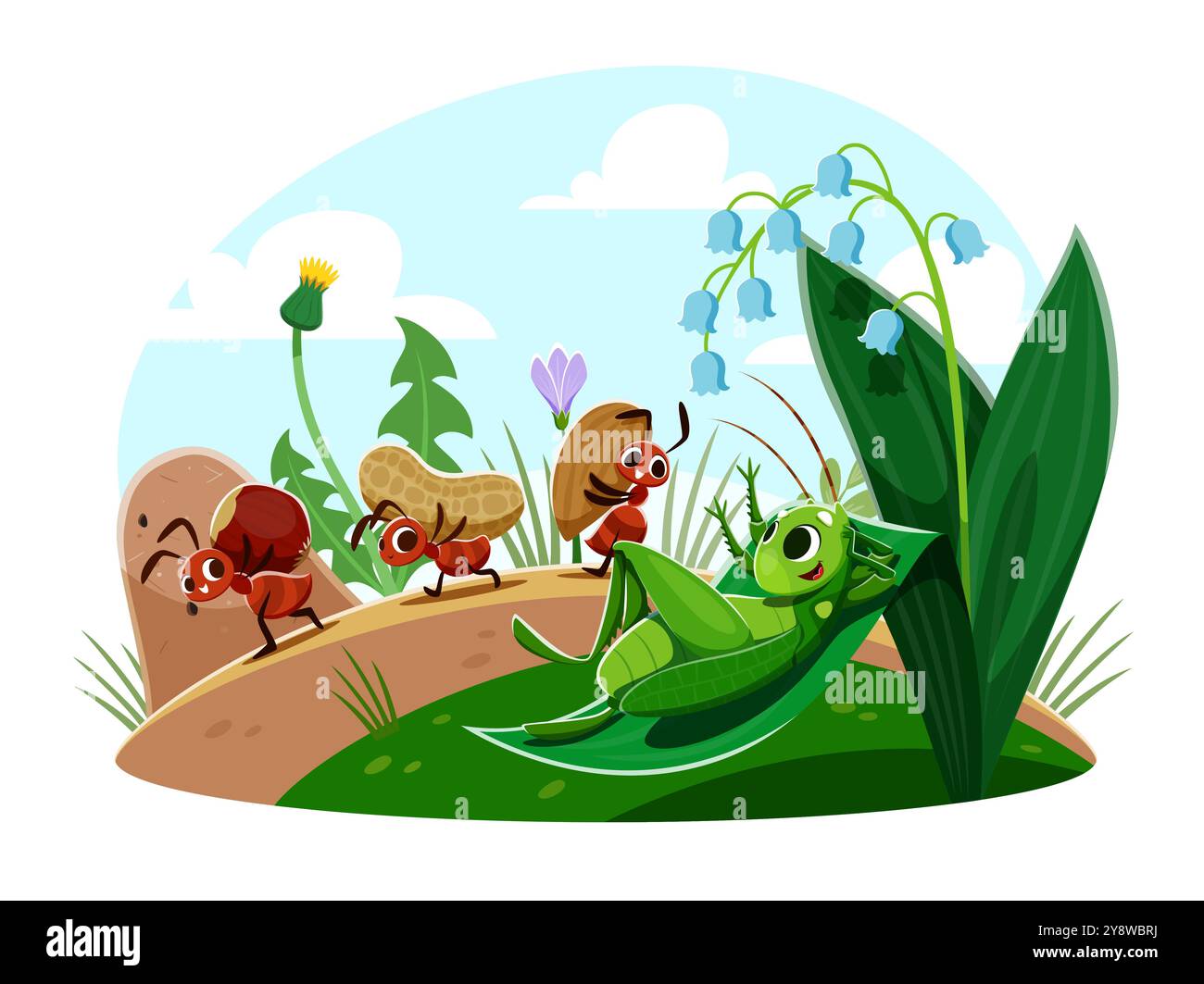 Cartoon ant characters with nuts and grasshopper lazy lying on leaf ...