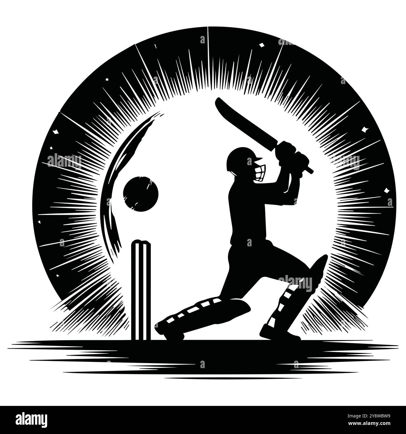 Black and white illustration capturing a cricket player in action ...