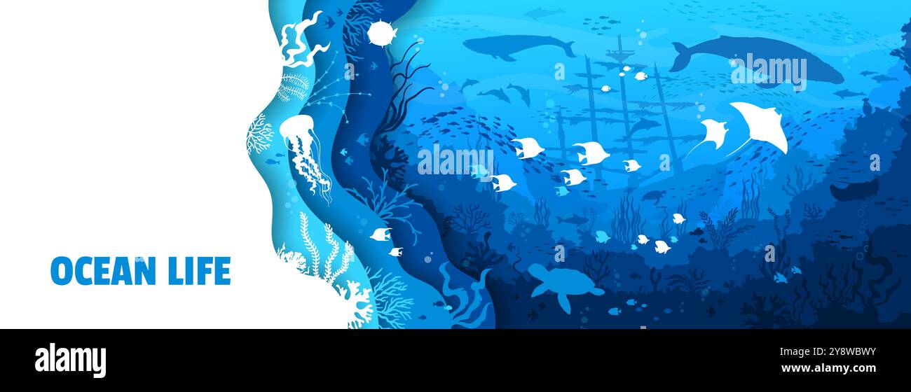 Paper cut underwater landscape with sunken ship and sea animal ...