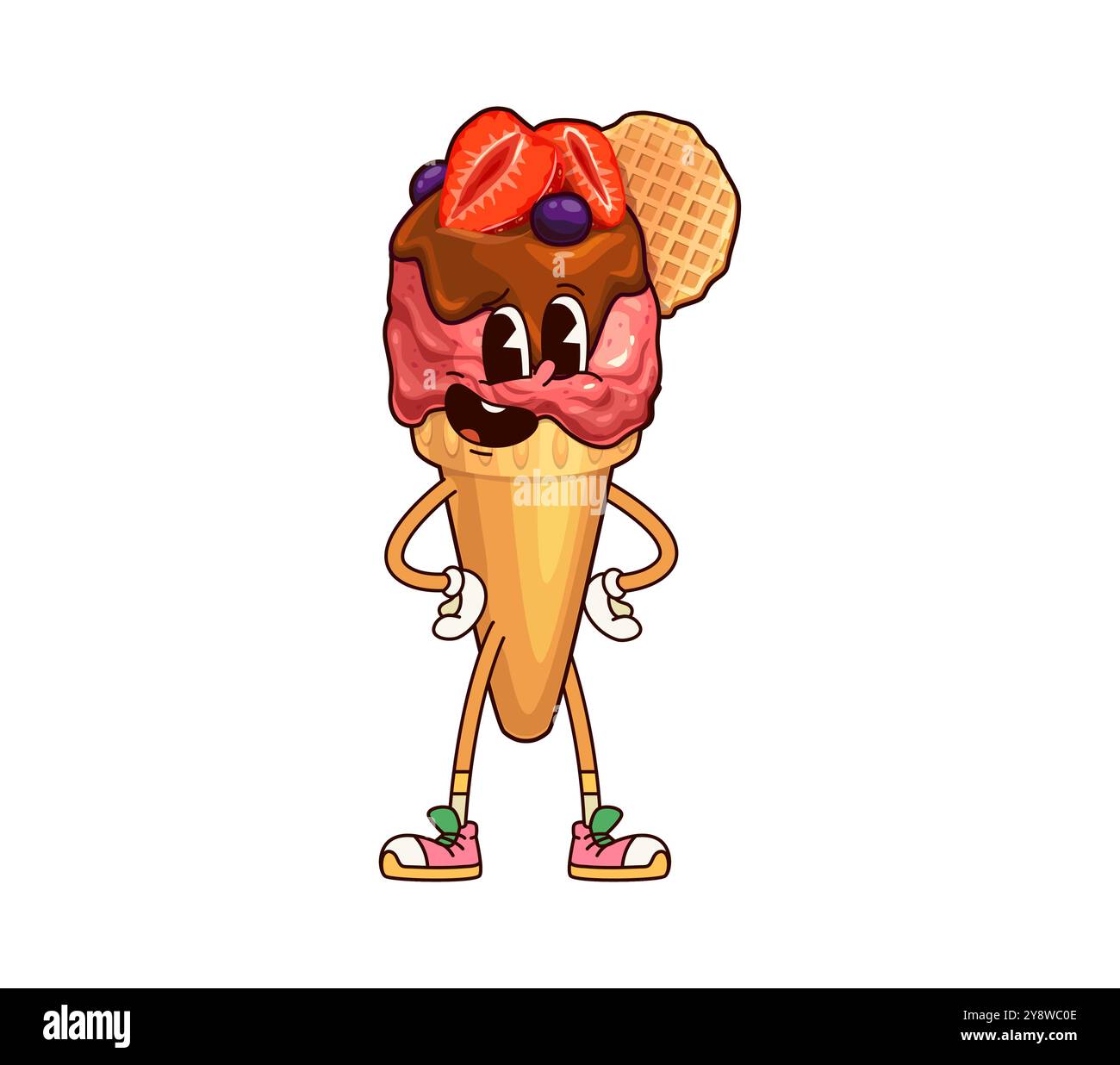 Ice cream and sundae cone groovy character. Fast food meal, cafe ice ...
