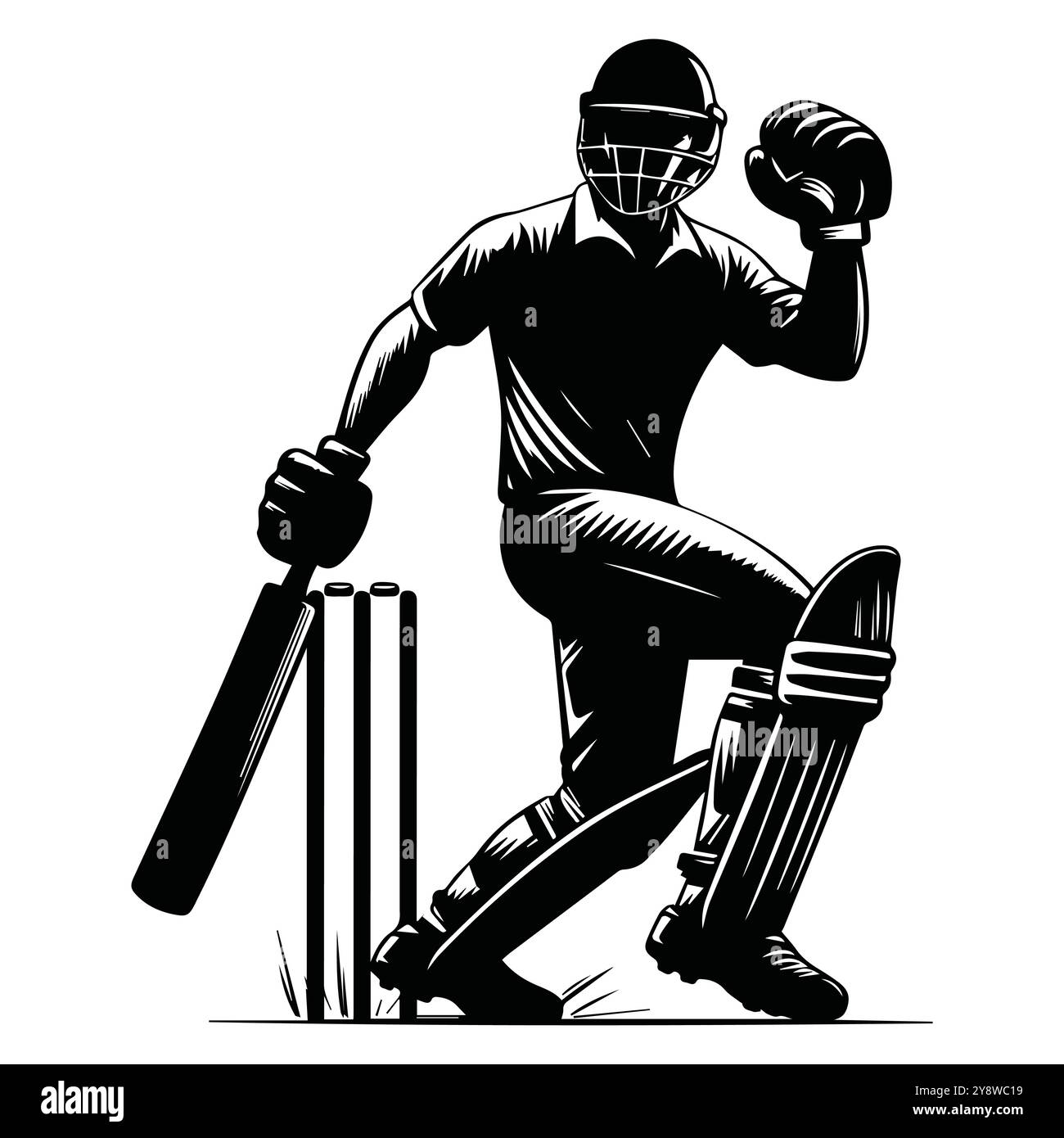 Black and white illustration capturing a cricket player in action ...