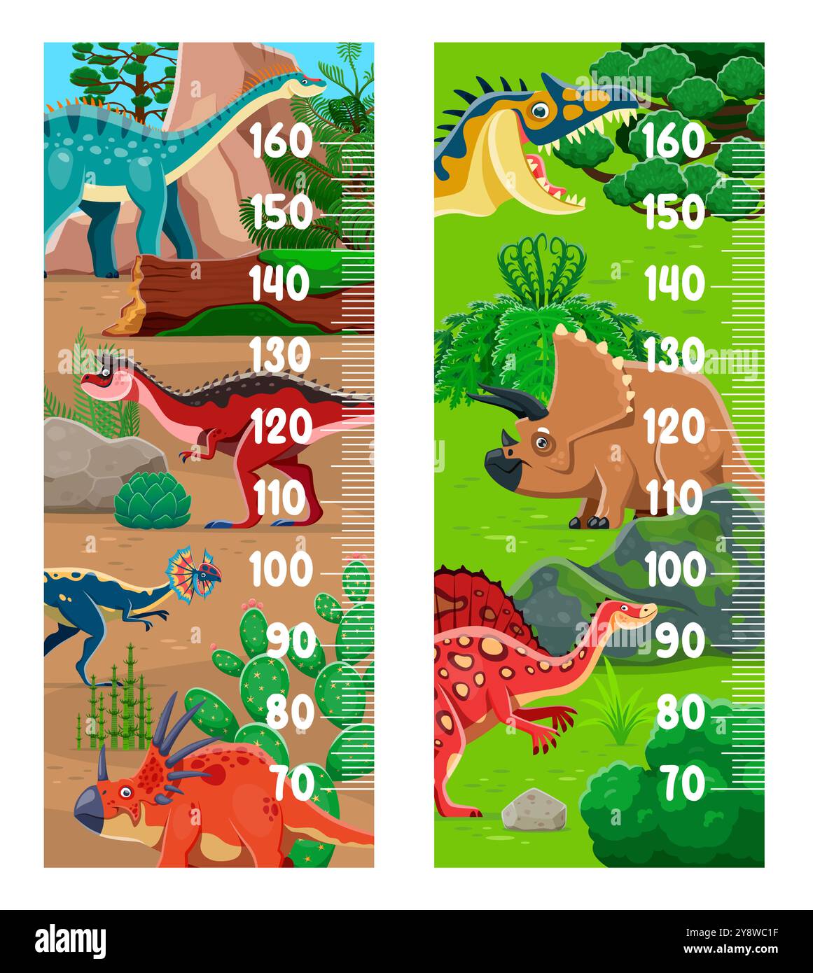 Prehistoric dinosaurs on kids height chart ruler in funny cartoon ...