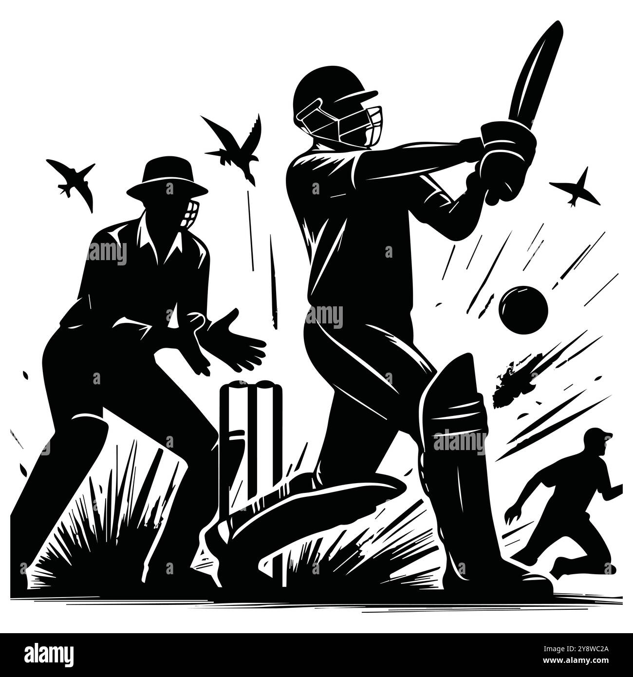 Black and white illustration capturing a cricket player in action ...