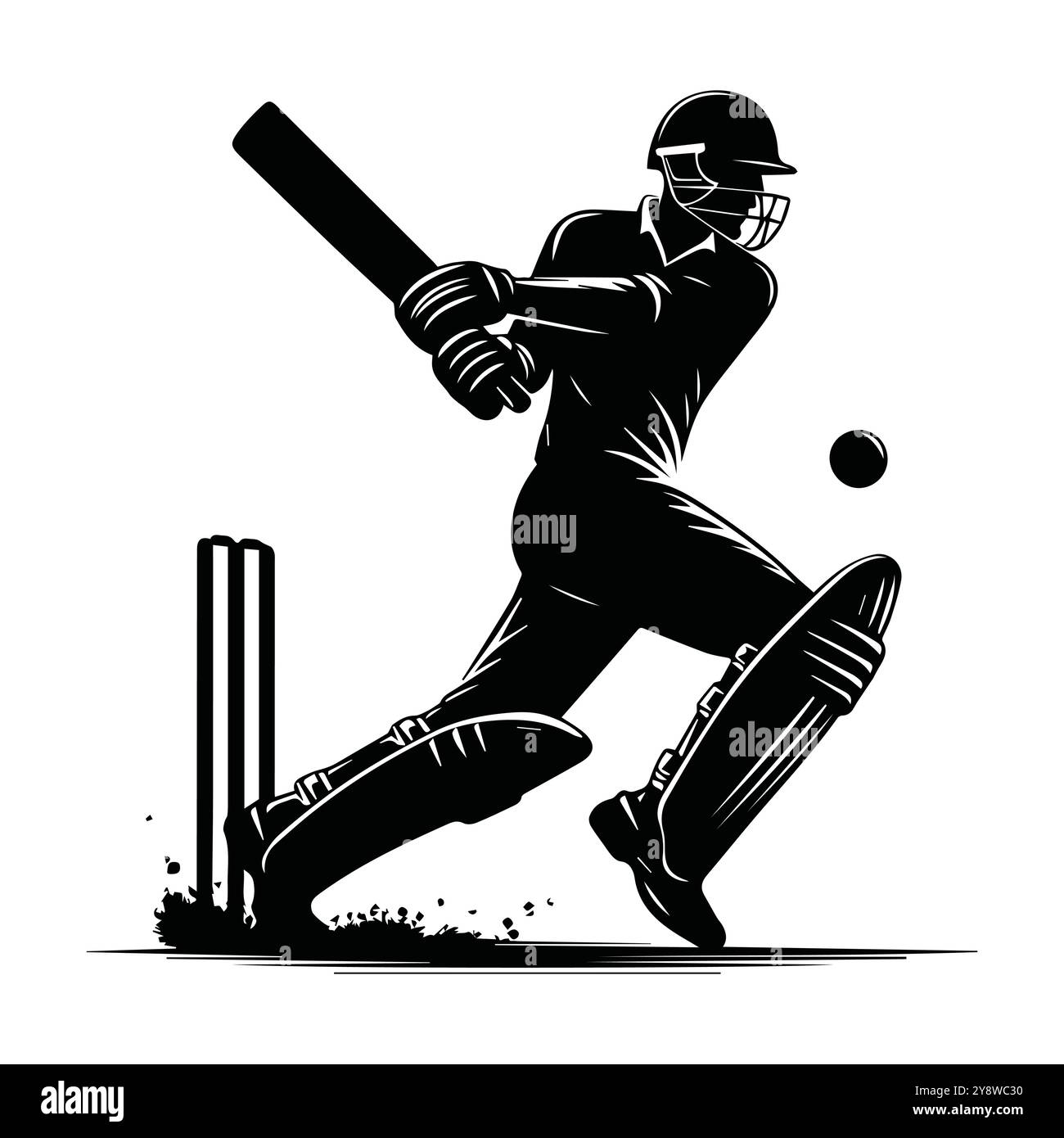 Black and white illustration capturing a cricket player in action ...