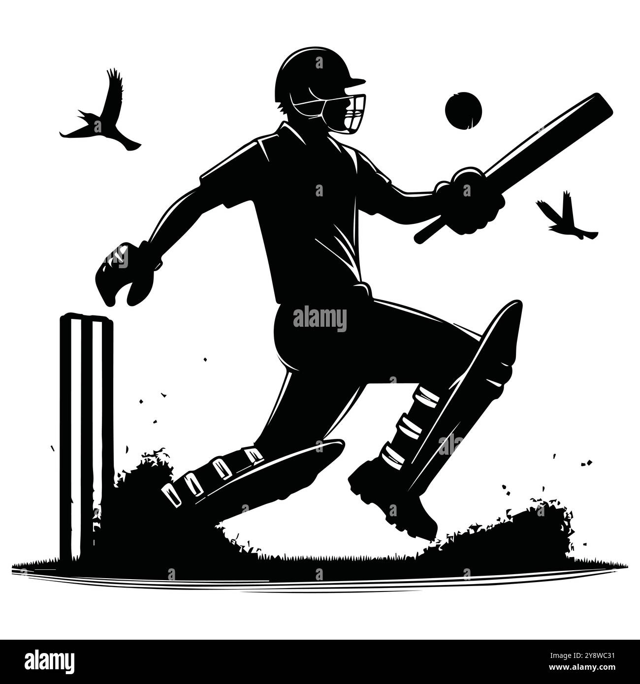 Black and white illustration capturing a cricket player in action ...