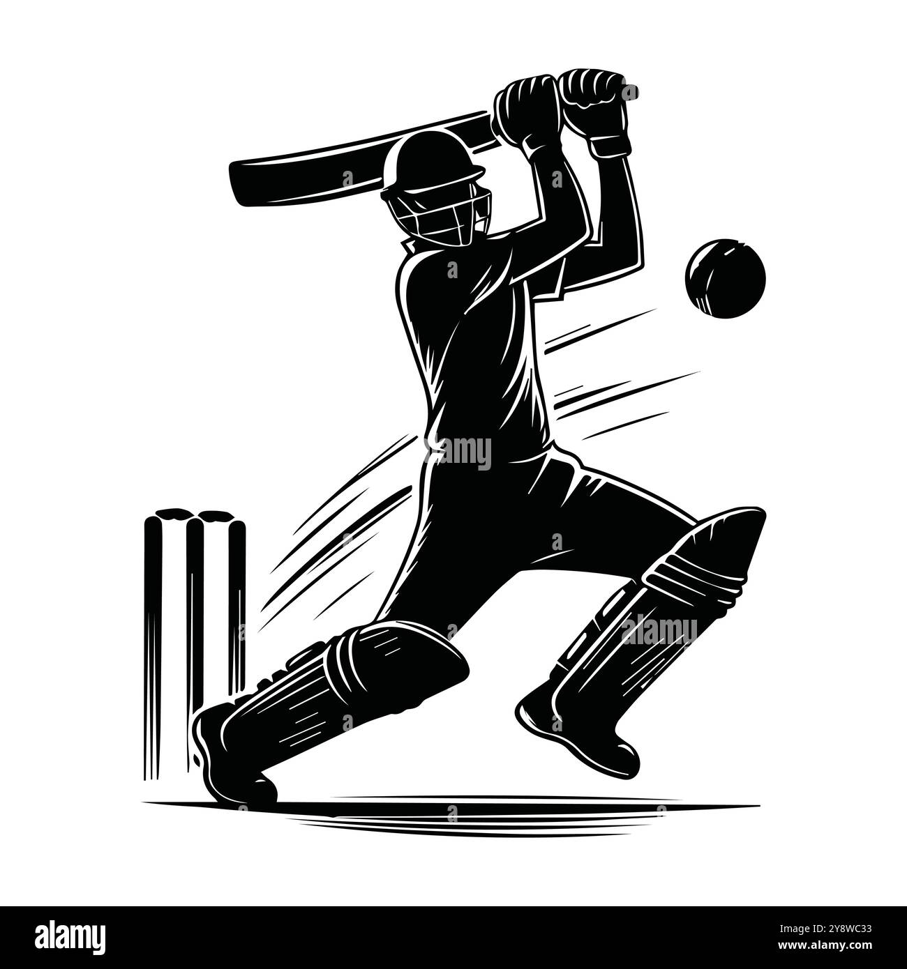 Black and white illustration capturing a cricket player in action ...