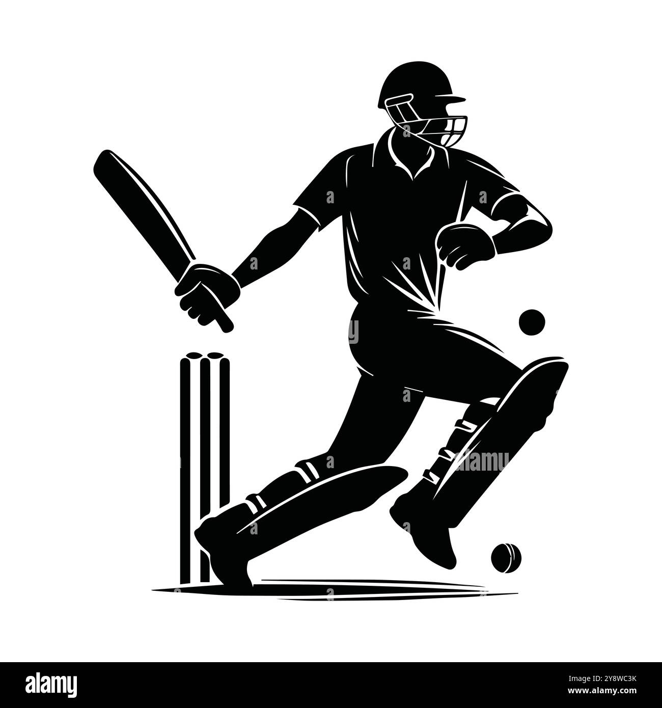 Black and white illustration capturing a cricket player in action ...
