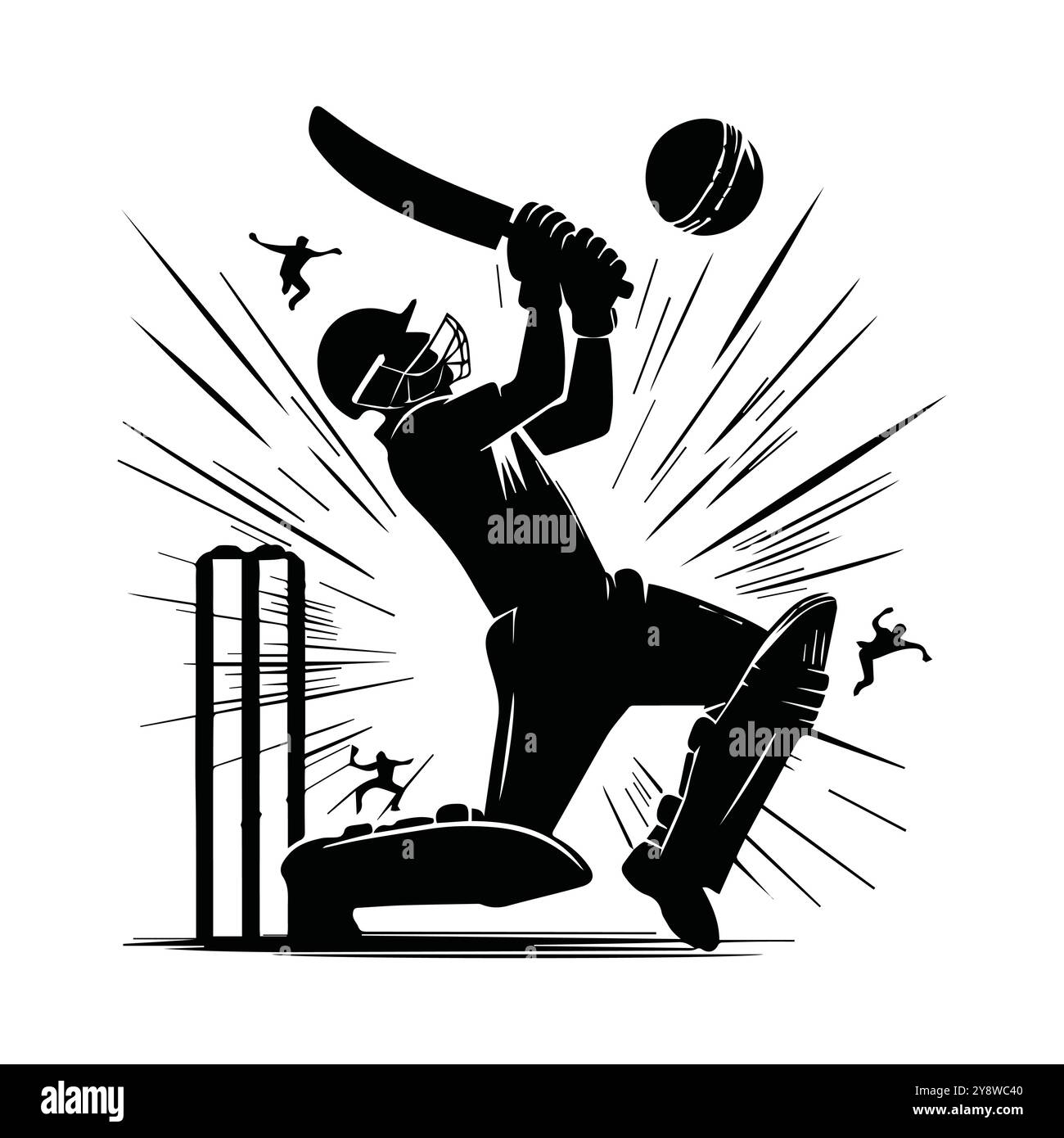 Black and white illustration capturing a cricket player in action ...
