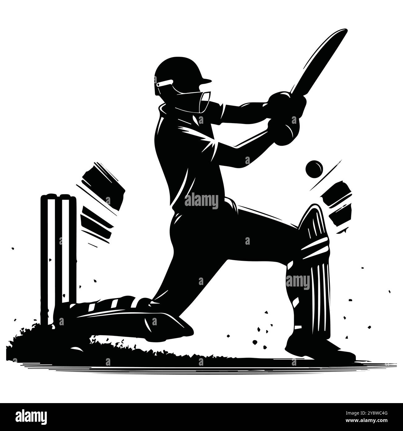 Black and white illustration capturing a cricket player in action ...